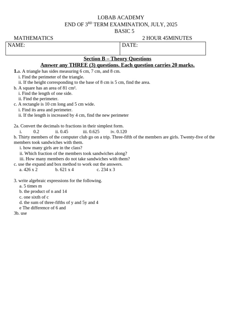 Basic 5 Mathematics Exam Questions | PDF | Rectangle | Euclidean Geometry