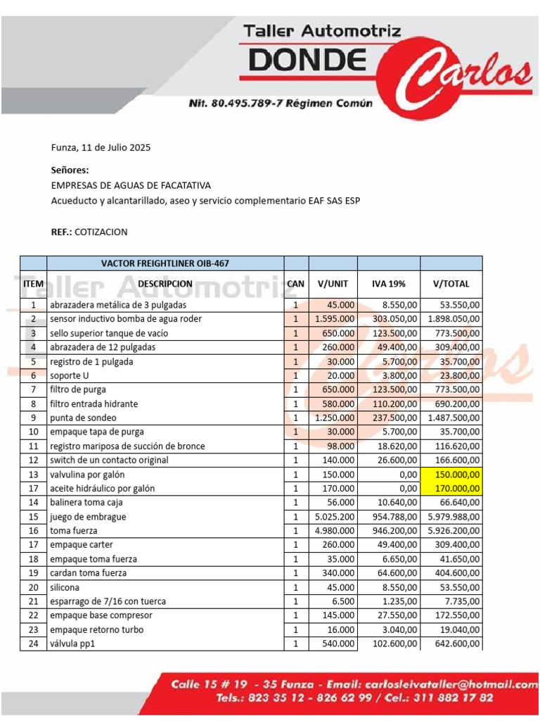 Cotizacion Vactor Taller Automotriz Donde Carlos | PDF | Ingeniería mecánica | Tecnologías de gas