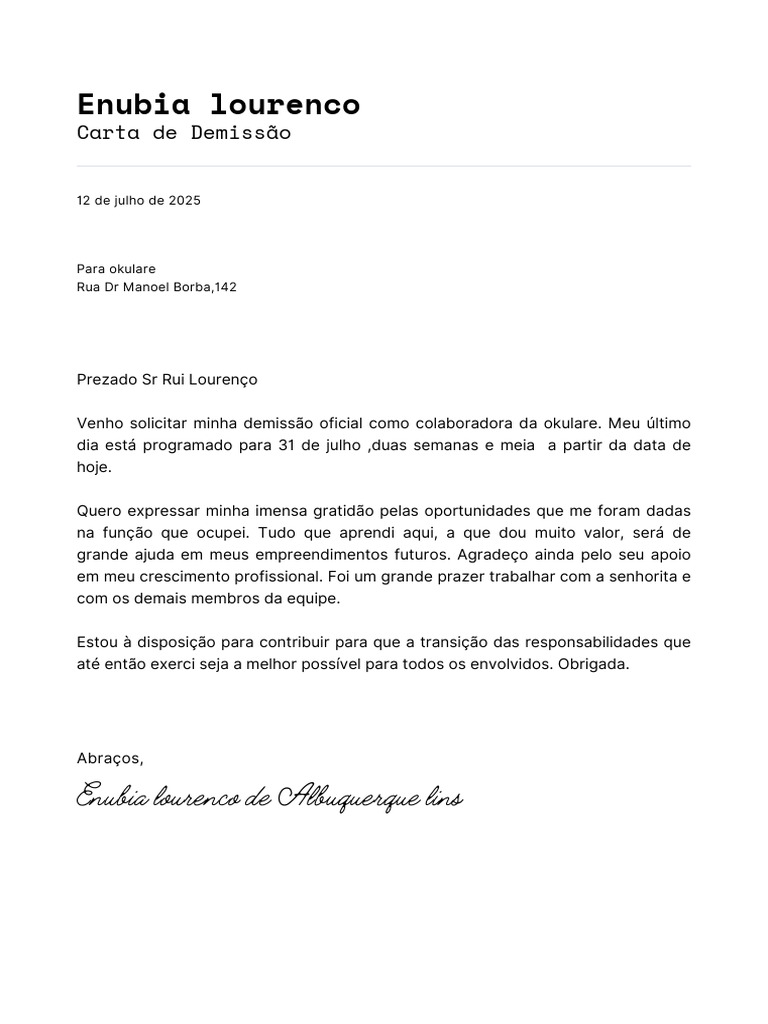 Carta de Demissão Amostra Simples Preto Cinza - 20250712 - 181310 - 0000 | PDF