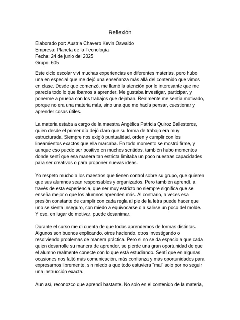 Reflexion Personal Kevin | PDF | Enseñando