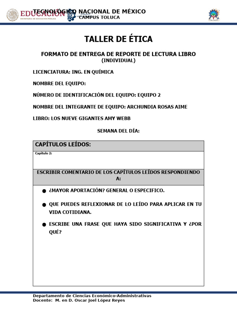 Formato de Lecturas Reporte Libro | PDF