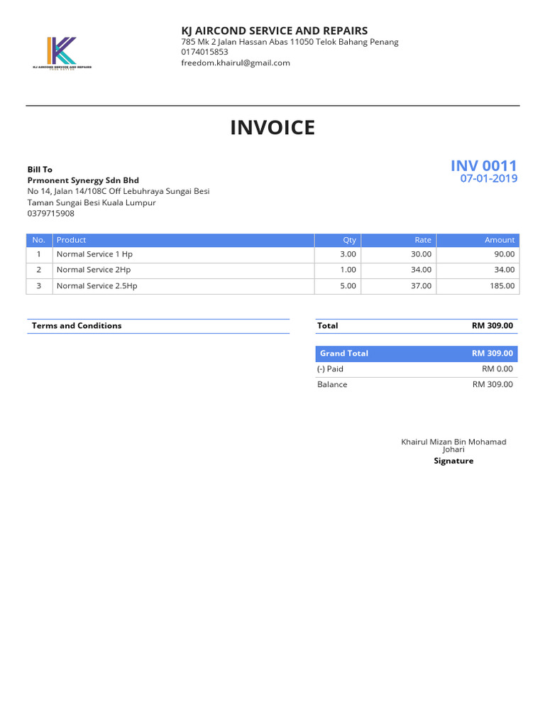 KJ Aircond Service Invoice Details | PDF