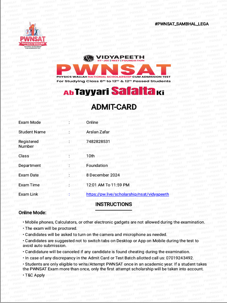 PWNSAT Admit Card | PDF