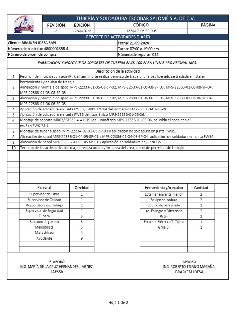 055 2024.09.21 - Reporte Montaje Rack 100 MPS | PDF | Ingeniería ...