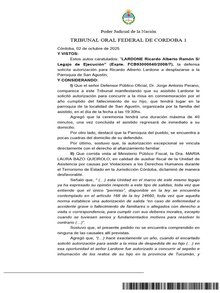 Rechazo a solicitud de salida de Lardone | PDF | Fiscal | Prisión