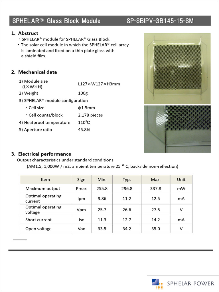 SPHELAR® Glass Block Solar Module Specs | PDF