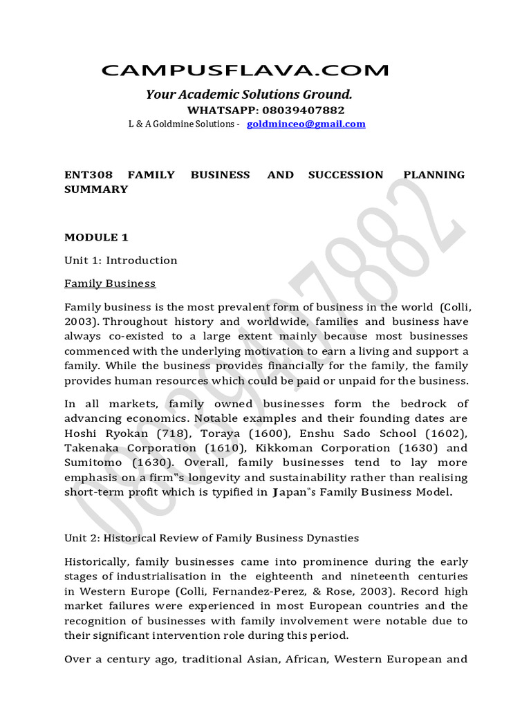 Ent308 Family Business and Succession Planning Summary 08039 | PDF ...