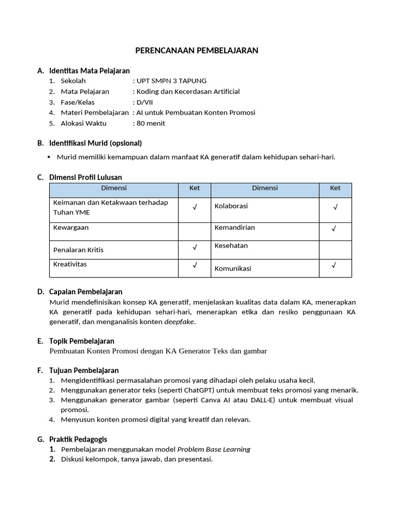 Perangkat Pembelajaran Mapel Koding Dan Kecerdasan Artificial KKA (Deep Learning) | PDF