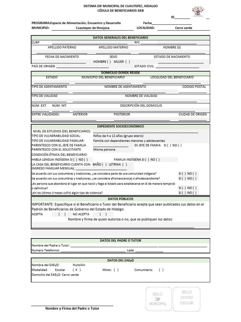 Cédula de Beneficiarios SIEB Cuautepec | PDF