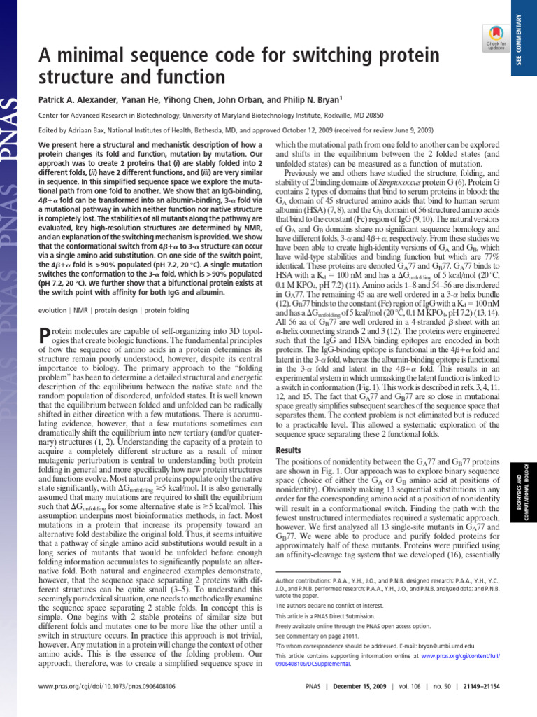 Alexander Et Al A Minimal Sequence Code For Switching Protein Structure and Function | PDF ...