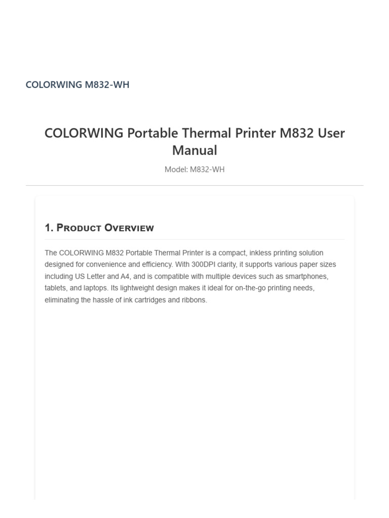 COLORWING Portable Thermal Printer M832 User Manual | PDF | Printer (Computing) | Mobile App