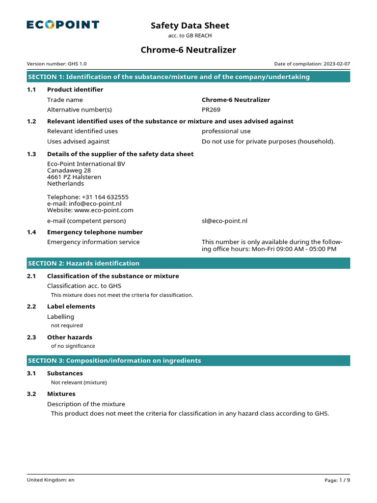Chrome-6 Neutralizer Safety Data Sheet | PDF | Dangerous Goods | Toxicity