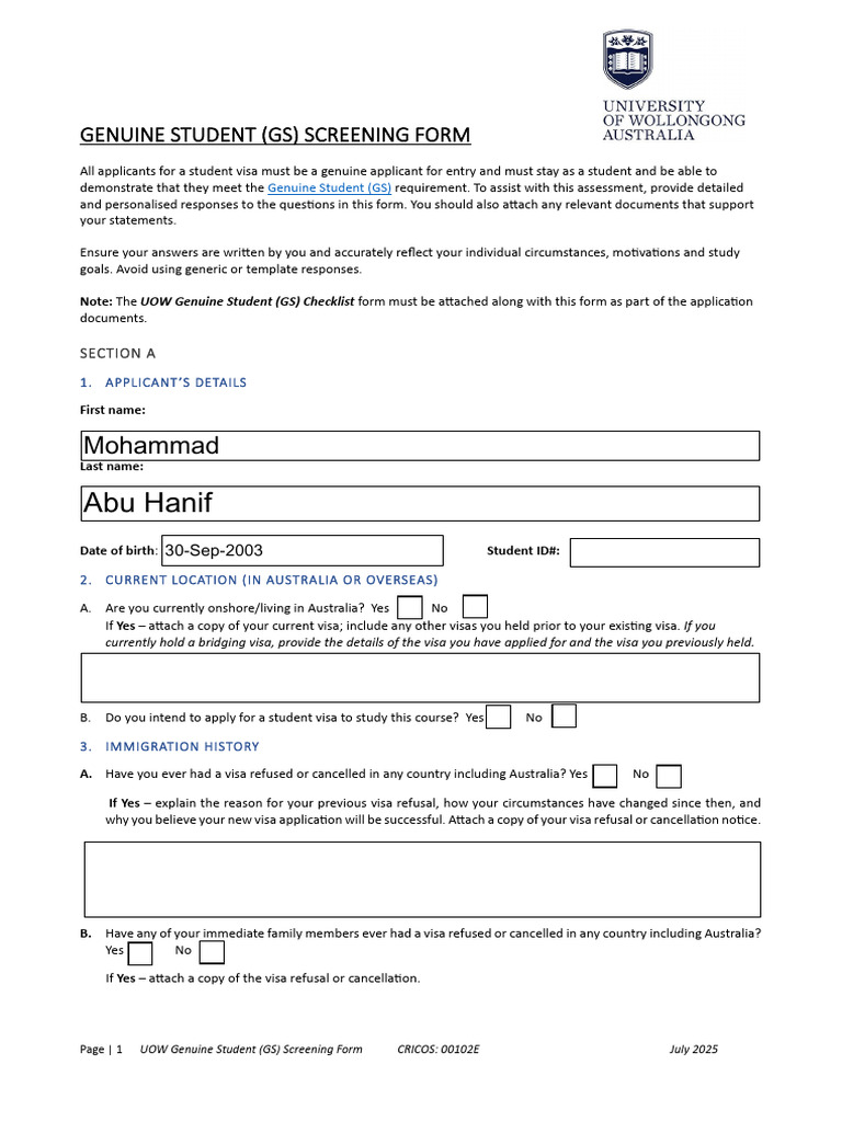 UOW Genuine Student Visa Screening Form | PDF | Cost Of Living | Travel ...
