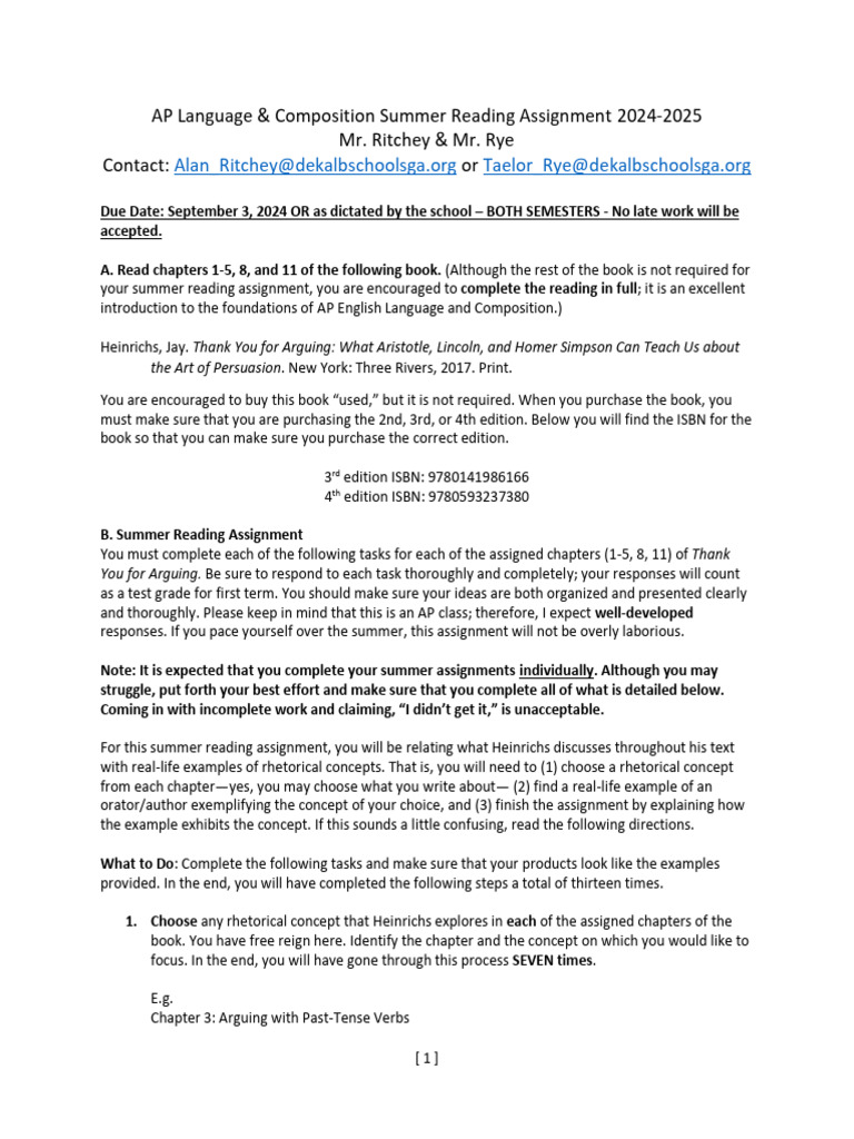 2024 AP Lang Summer Assignment (With Rye) 2 | PDF | Citation | Books