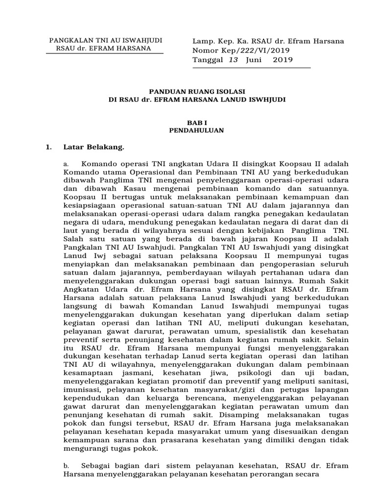 Panduan Ruang Isolasi RSAU Efram Harsana | PDF
