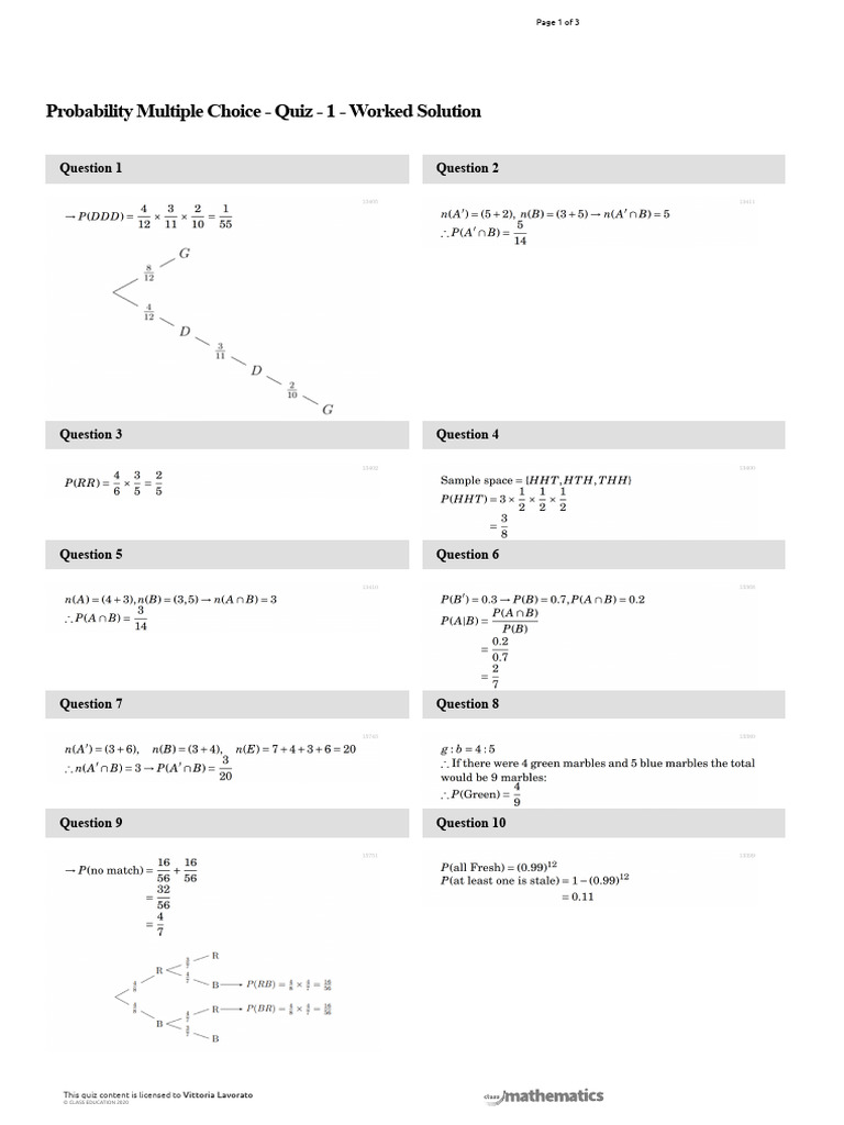 Probability Multiple Choice Solutions | PDF