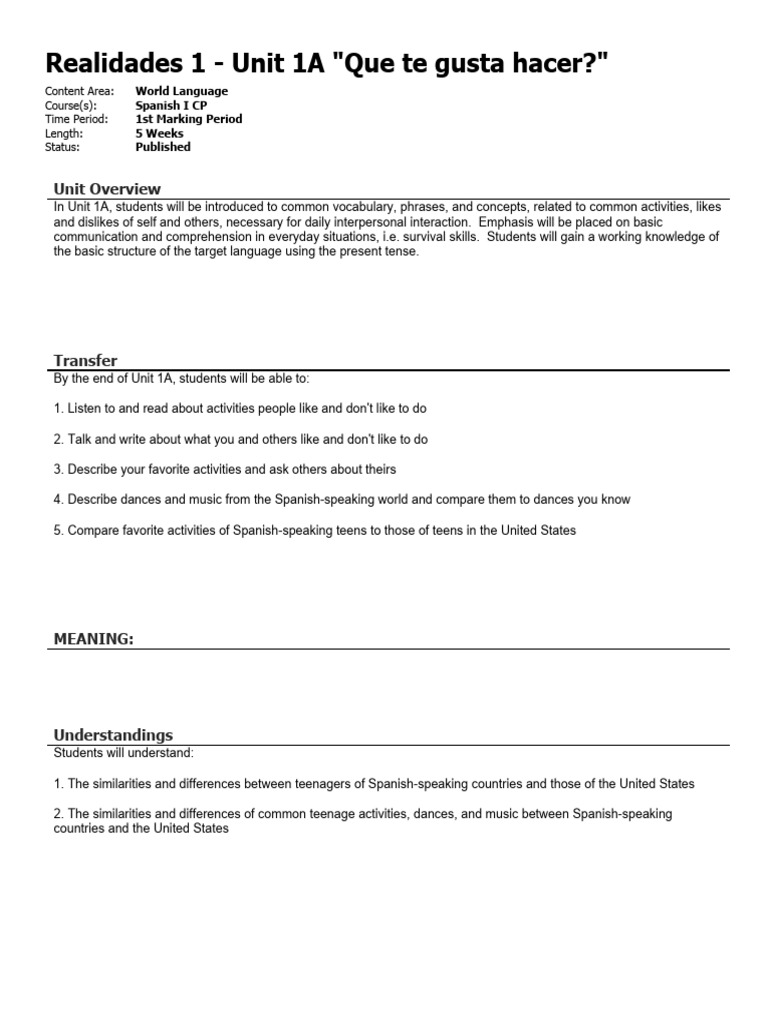 Unit - Realidades 1 - Unit 1A - Que Te Gusta Hacer - 20250821141539 ...