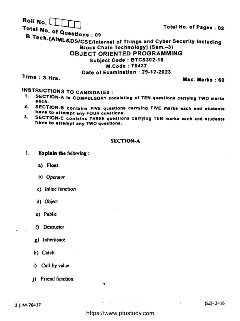 Btech Cse 3 Sem Object Oriented Programming 76437 Dec 2023 | PDF