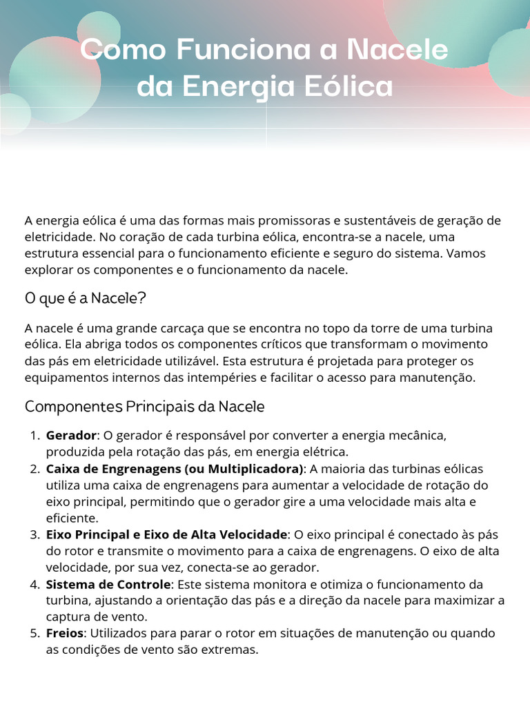 Funcionamento da Nacele Eólica | PDF | Energia eólica | Turbina eólica