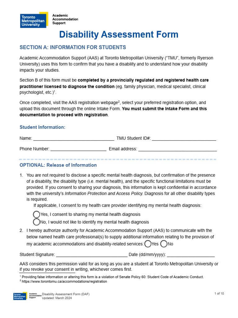 TMU Disability Assessment Form | PDF | Attention Deficit Hyperactivity ...