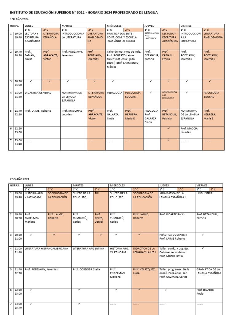 Horario Lengua 2024 | PDF | Maestros | Educación en artes liberales