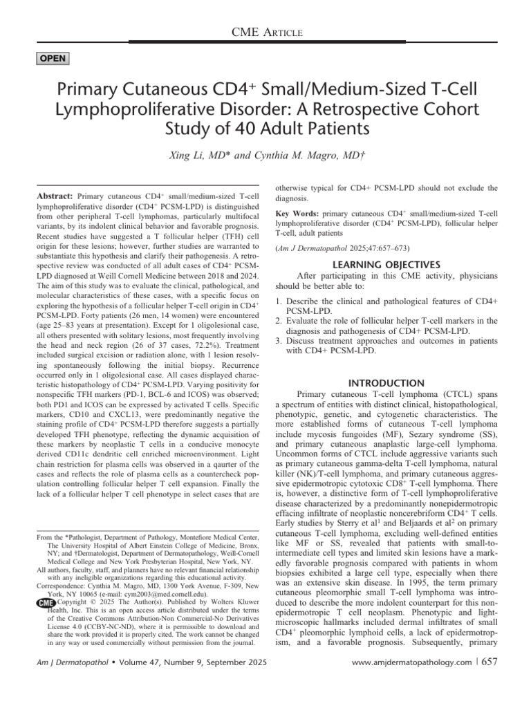 Primary Cutaneous Cd4 Small Medium Sized T Cell.1 | PDF | Lymphoma | T Cell