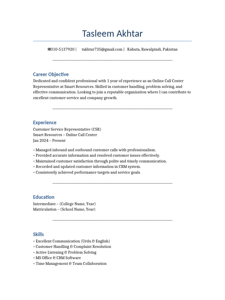 Tasleem Akhtar CallCenter CV Styled | PDF