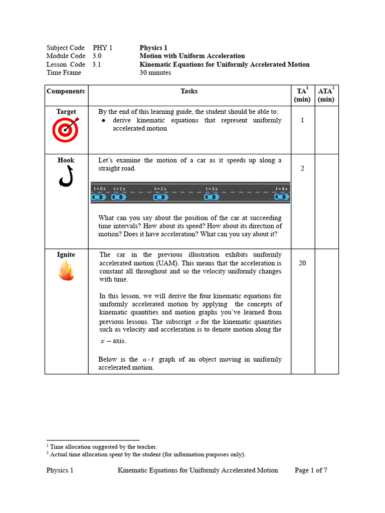 SLG Phy 1 Module 3.0 Lesson 3.1 Kinematic Equations For Uniformly Accelerated Motion | PDF ...