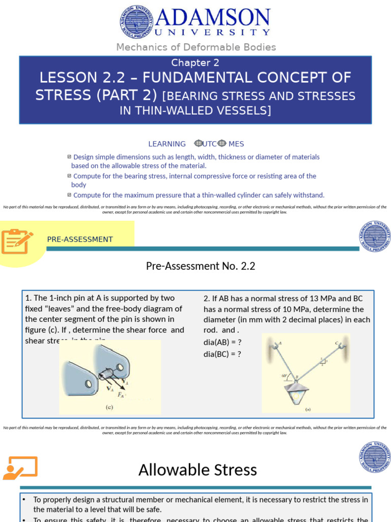 Lesson 2.2 - Allowable Stress, Bearing Stress, Stress in Thin Walled | PDF | Stress (Mechanics ...