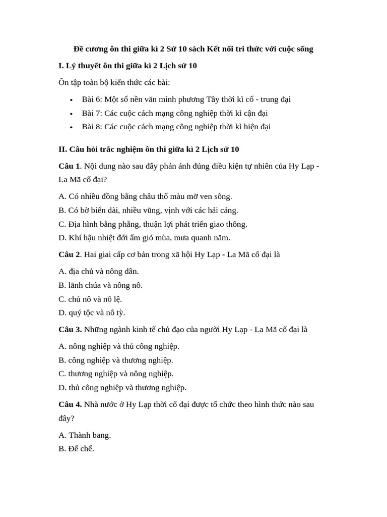 De Cuong On Tap Giua Hoc Ki 2 Mon Lich Su 10 Ket Noi Tri Thuc | PDF