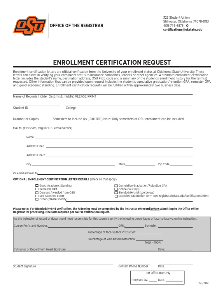 Enrollment Certification Request Form | PDF | Written Communication