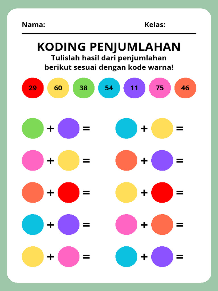 Koding Penjumlahan Lembar Kerja Hijau Sederhana | PDF