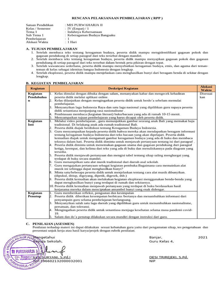 RPP Daring Kelas 4 Tema 1 ST 1 | PDF