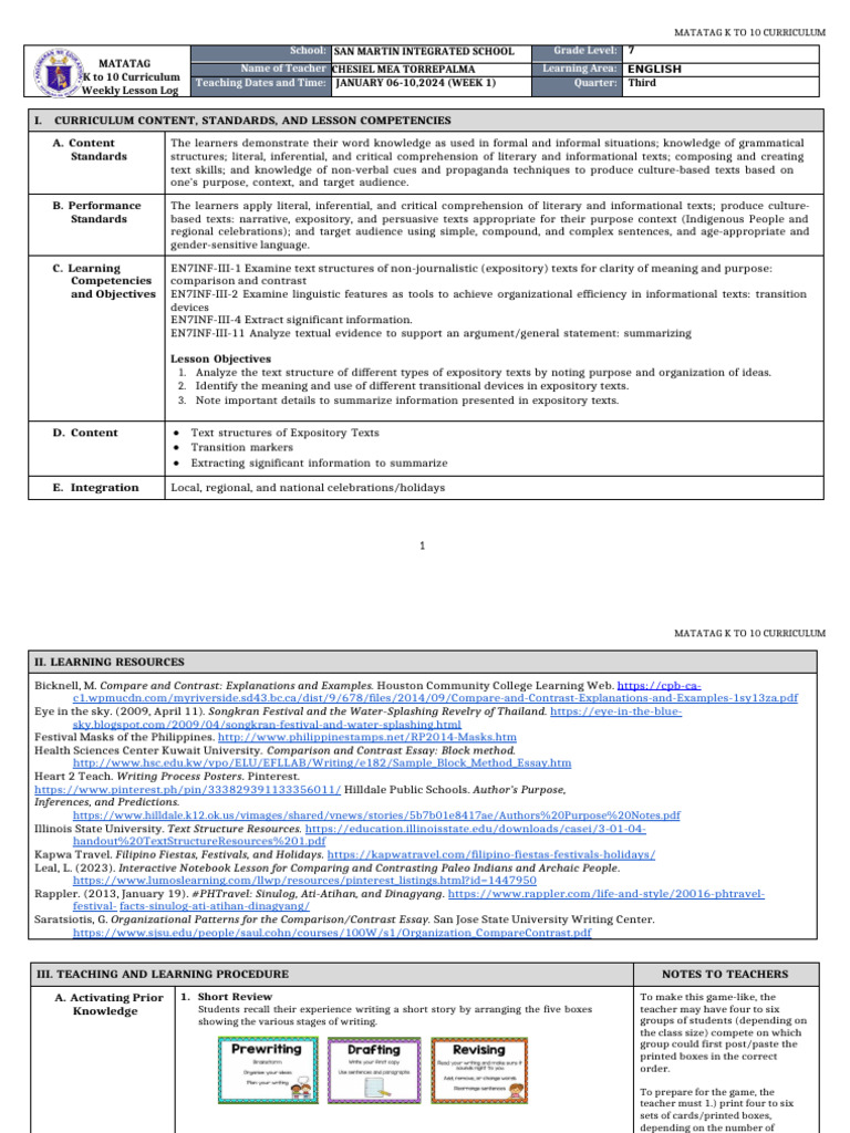 DLL Matatag - English 7 Q3 W1 | PDF | Human Communication | Linguistics