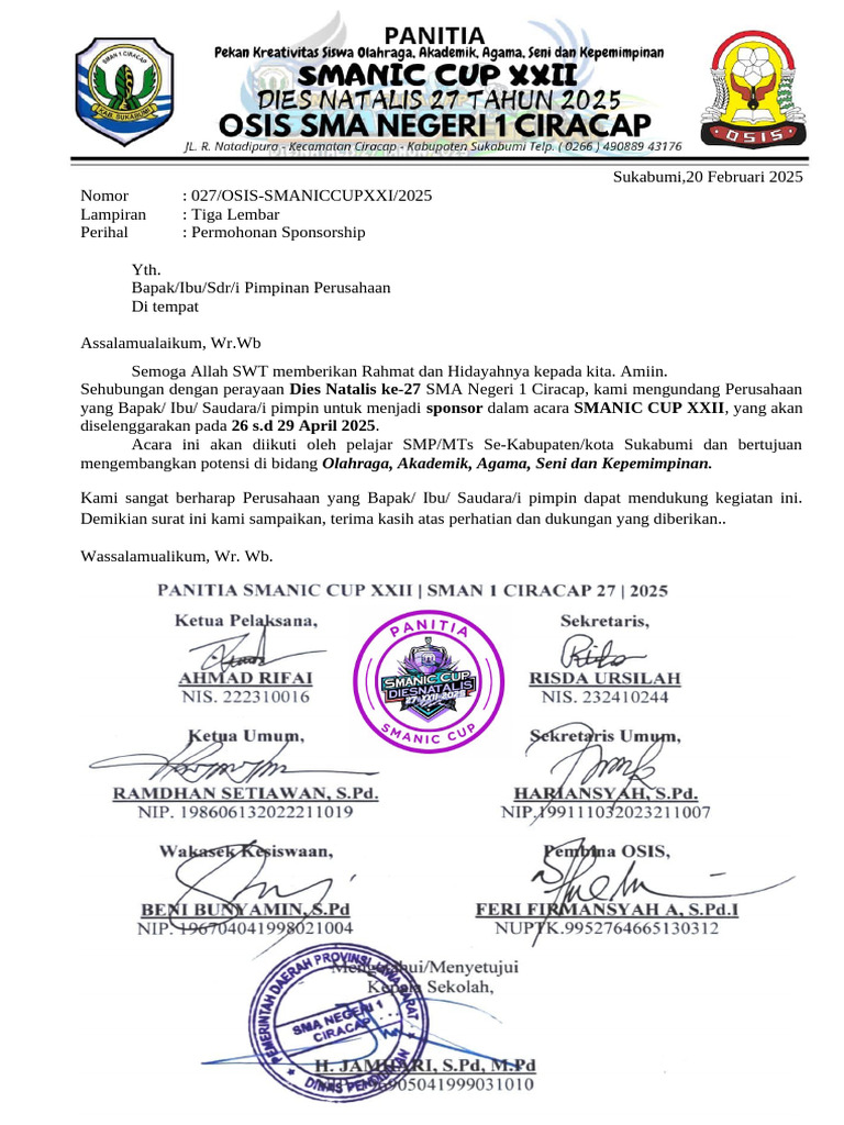 Sponsorship SMANIC CUP XXII 2025 | PDF