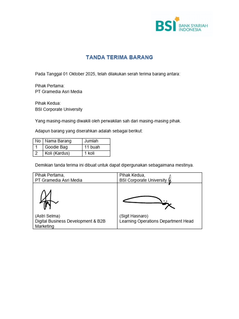 Tanda Terima Barang PT Gramedia dan BSI | PDF