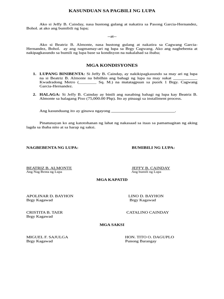 Kasunduan Sa Pagbili Ng Lupa 1 2025 | PDF