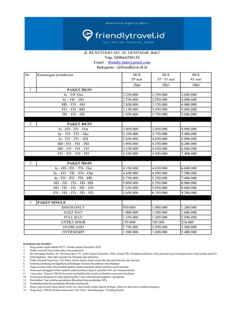 Tabel Harga Bus 2020 | PDF