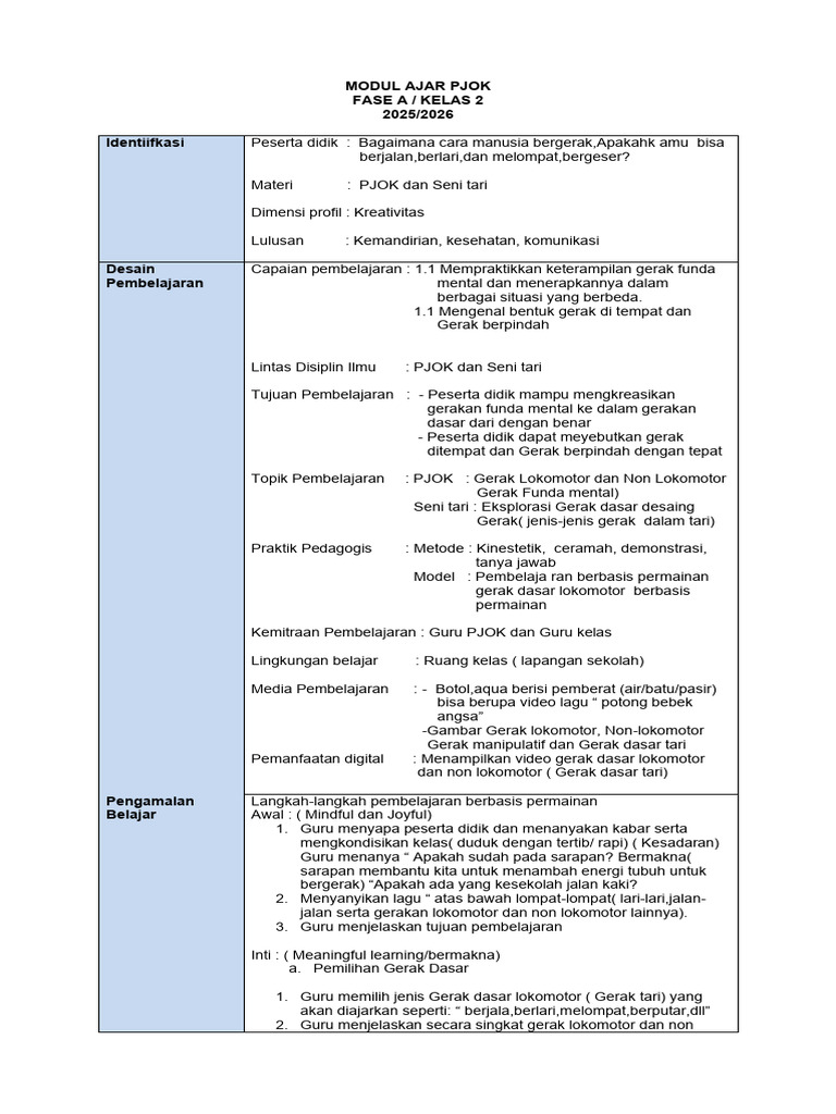 Modul Ajar PJOK Kelas 2: Gerak Dasar | PDF