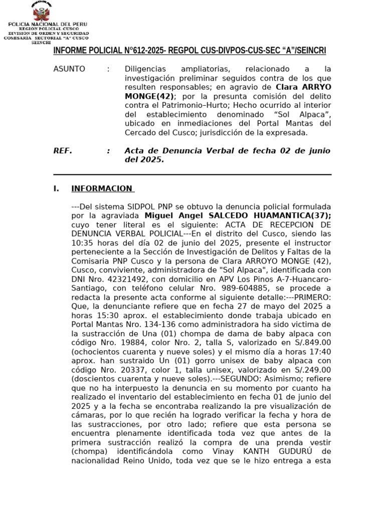 Informe Policial Hurto de Celular y Cosas en Discoteca | PDF | Crímenes ...