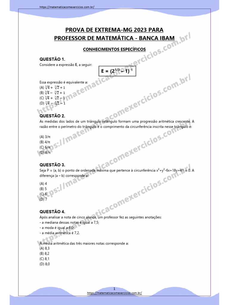 Prova de Extrema 2023 - Professor de Matemática - Banca IBAM | PDF ...