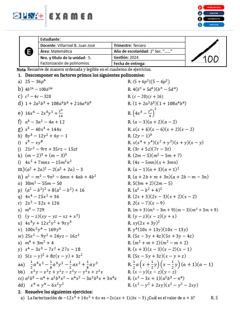 PAES - PLANTILLA EXAMEN-Factorizaci-n-pr-ctica | PDF