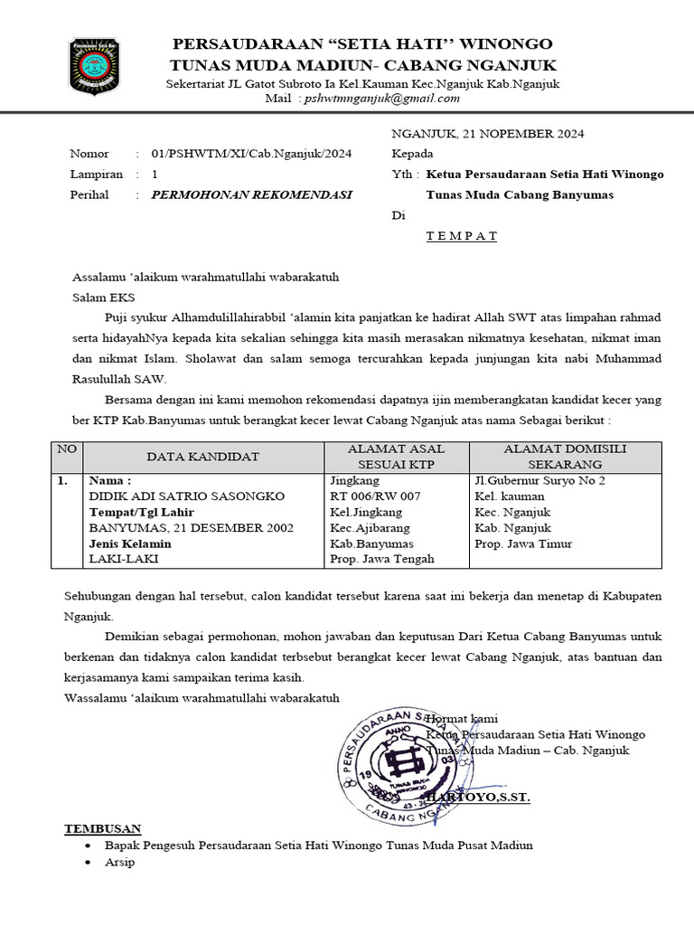Permohonan Rekomendasi Kandidat Kecer Asal Banyumas | PDF