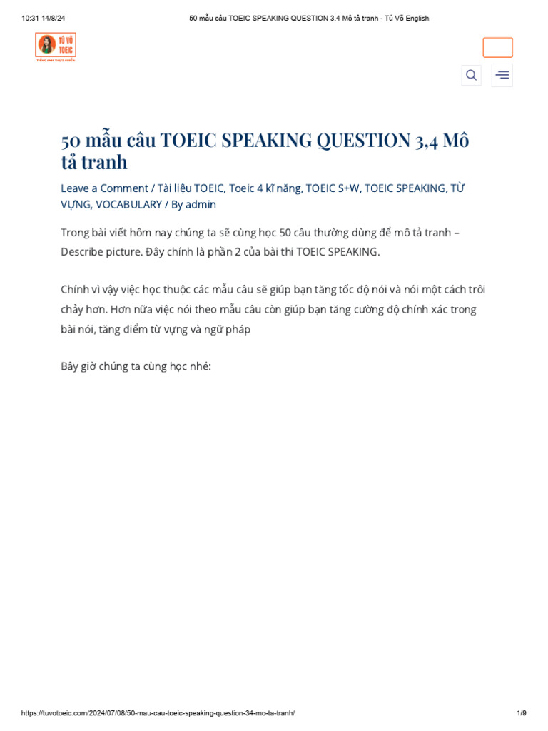 50 Mẫu Câu Toeic Speaking Question 3,4 Mô Tả Tranh - Tú Võ English | PDF
