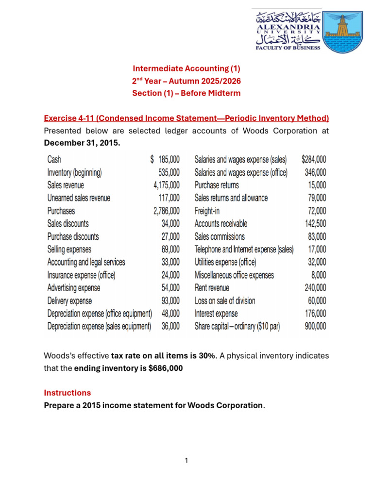 Intermediate Acc. (I) 2025,2026 - Section (1) BMT | PDF | Income Statement | Cost Of Goods Sold