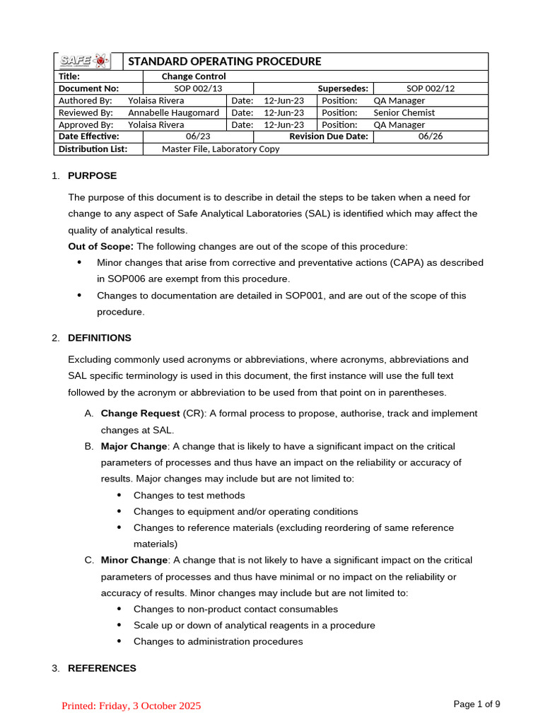 Change Control Procedure for SAL | PDF | Performance Indicator | Risk