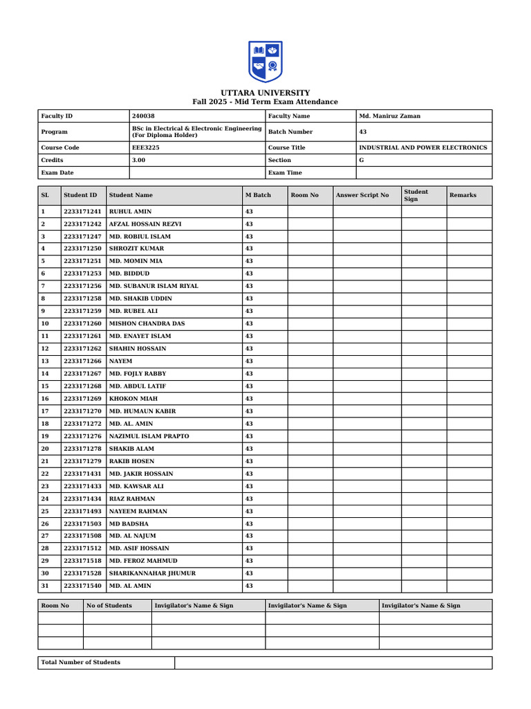 Fall 2025 EEE3225 Exam Attendance List | PDF | Bangladesh