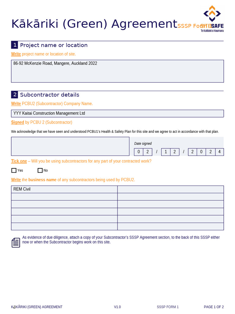 SSSP Form 1 Green Agreement | PDF