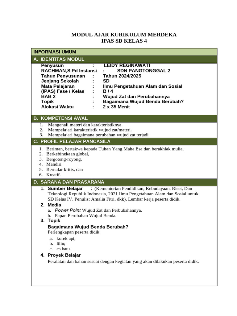 Modul IPAS Kelas 4: Wujud Zat dan Perubahannya | PDF