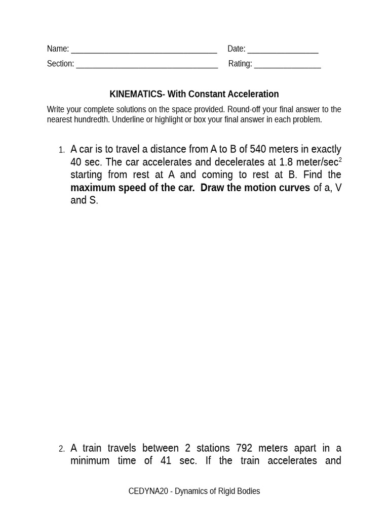 WORKBOOK - TEMPLATE in DYNAMICS - Rev1 | PDF | Acceleration | Kinematics
